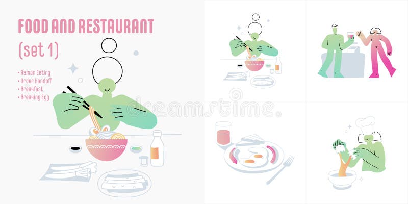 Food and Restaurant Illustrations Set Featuring Ramen Eating, Order ...