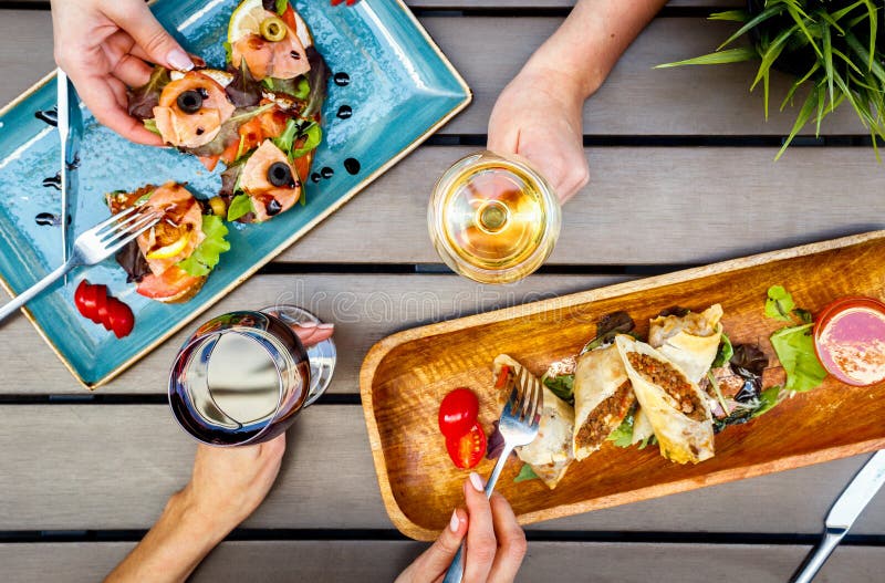 Food in the Restaurant and Wooden Table Top View Stock Image - Image of ...
