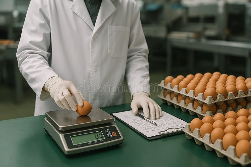 Food Safety Engineer Weighing Egg on Digital Scale with Inspection Form ...