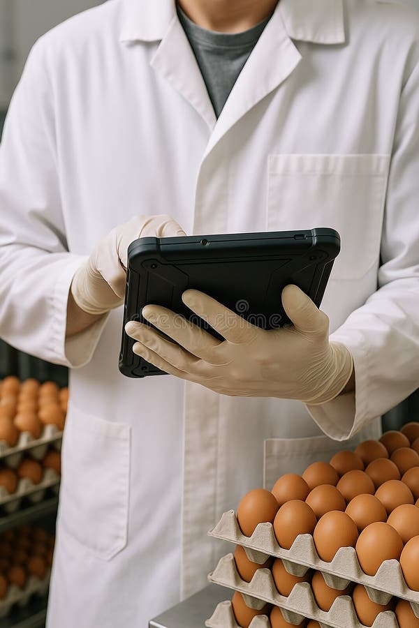 Food Safety Inspector with Gloves Using Digital Tablet To Record Egg ...