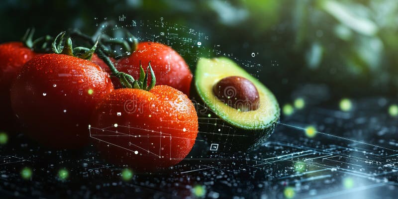 Food Science Analyzing Tomatoes and Avocado with Futuristic Interface ...