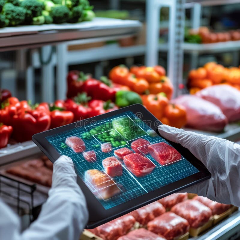 Food Scientist Using Augmented Reality Tablet for Meat and Vegetables ...