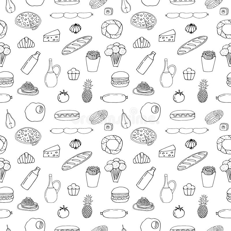 Food Seamless Pattern Vector Illustration, Hand Drawing Doodles Stock ...