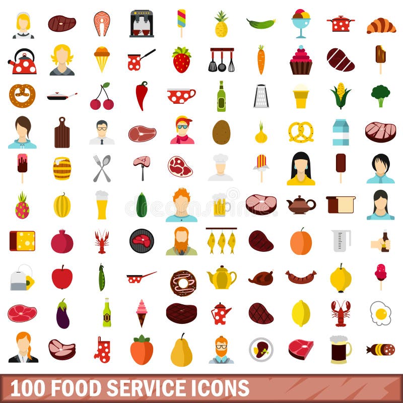 100 Food Service Icons Set, Flat Style Stock Vector - Illustration of ...