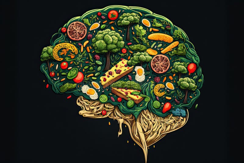 Food in a Shape of a Brain on a Dark Background. Nutrition Concept ...