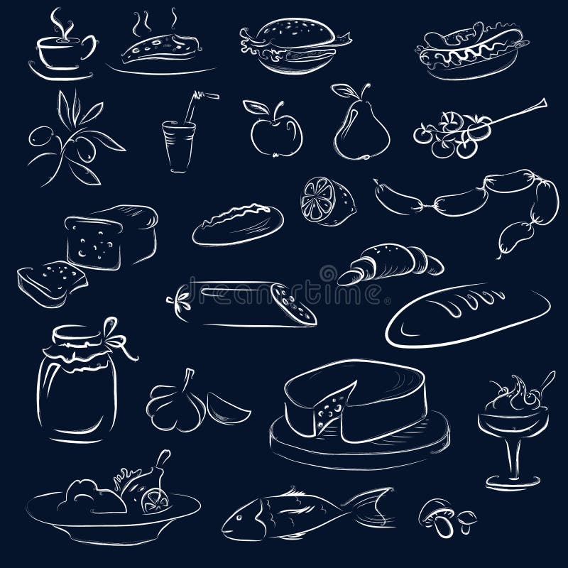 Food Sketch on Blue Background Stock Vector - Illustration of muffins ...