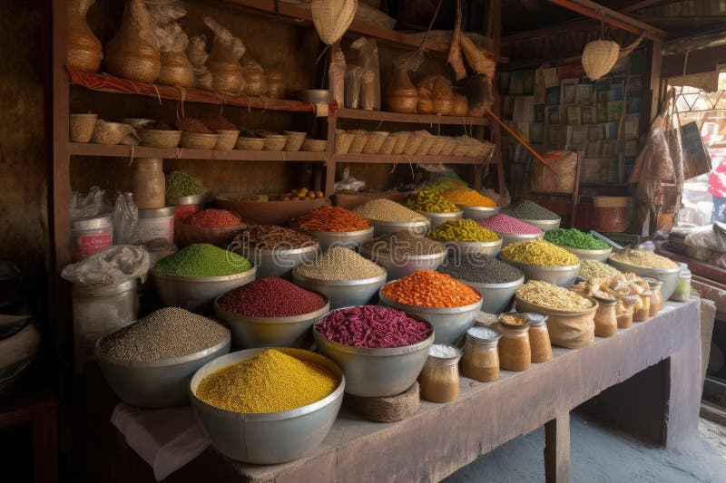 Food Stall, with Fresh Produce and Spices on Display Stock Illustration ...
