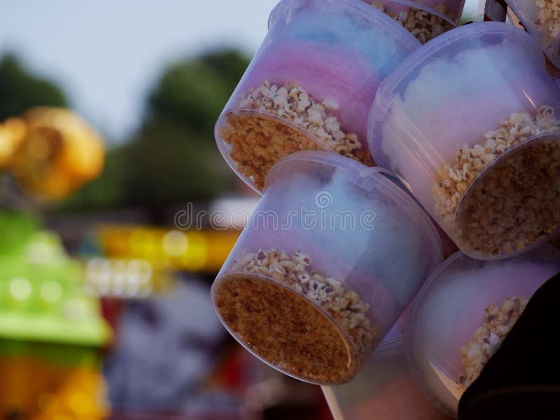 Food Stall with Popcorn with Fairground Lights Background Stock Image ...