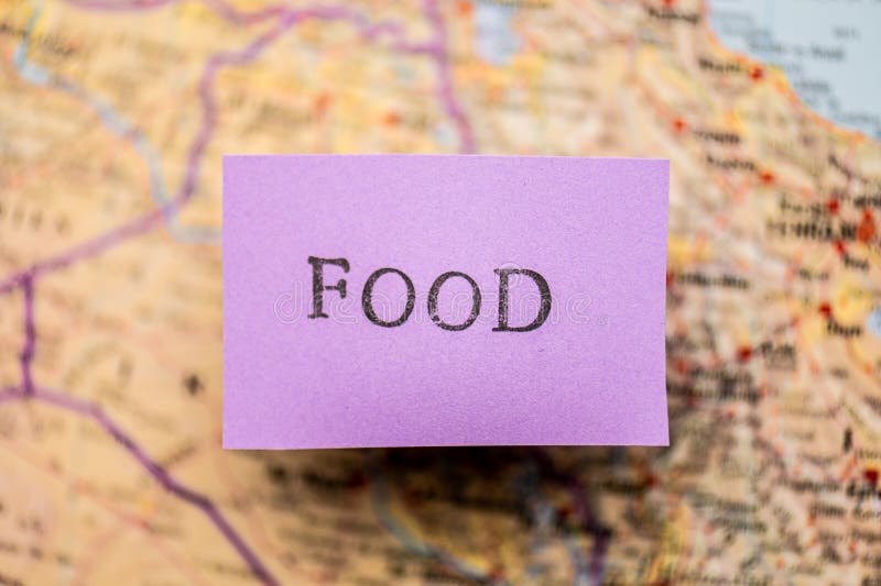 Food Stencil Text on Purple Paper Over a Map.. Stock Image - Image of ...