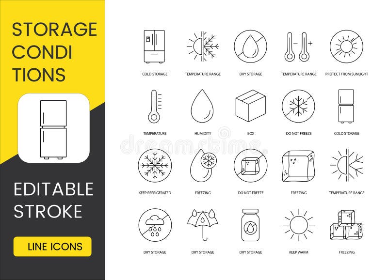 Food Storage Conditions Marks, Line Icon Set in Vector, Editable Stroke ...