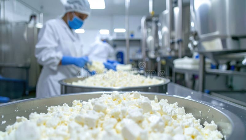 Food Technicians in a Dairy Processing Facility Handle Fresh Cheese ...