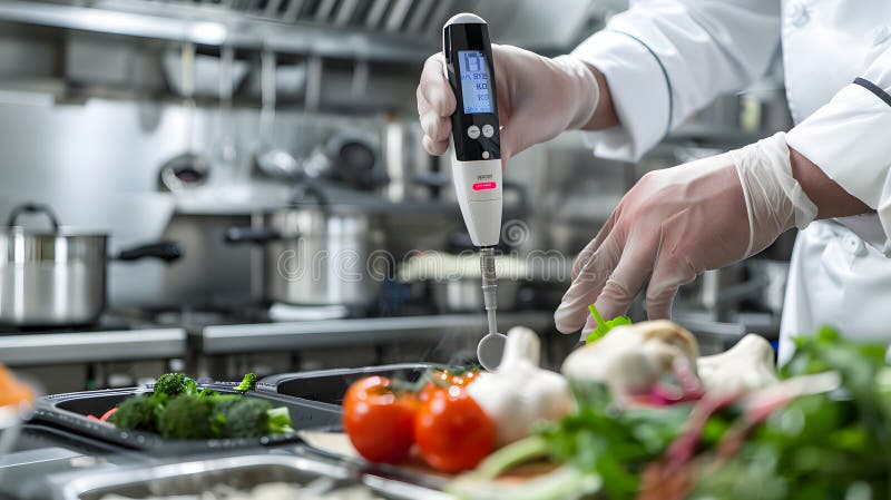 Food Technology, Hands Using a Digital Thermometer in a High-tech ...