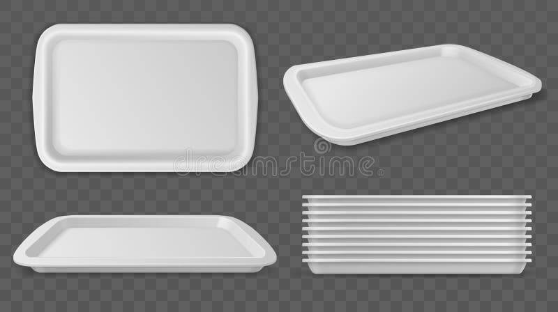 Food Trays. Realistic Plastic White Salvers. Rectangular Dinner ...