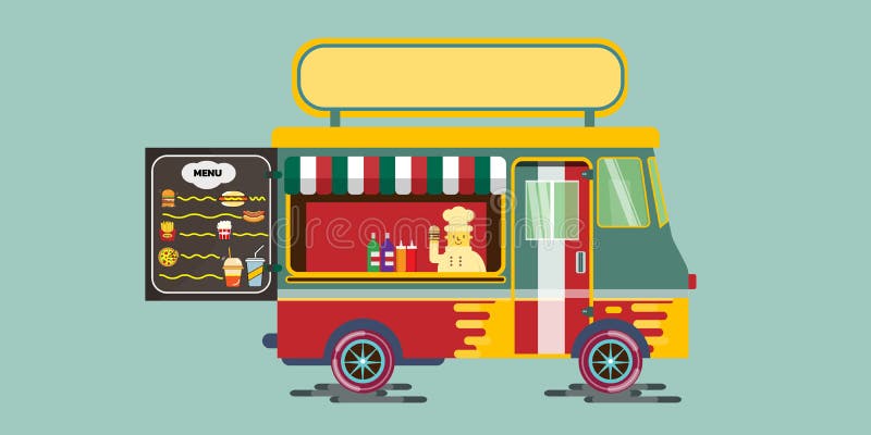 Food Truck with Menu Sign Board.Chef Inside Stock Illustration ...