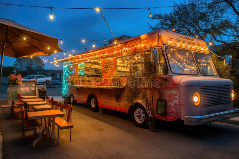 Food Truck with String Lights and Outdoor Seating Stock Illustration ...