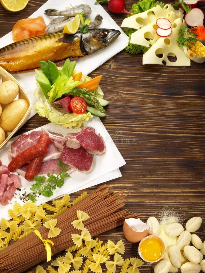 Various Foods on Wooden Background Stock Image - Image of board, diet ...