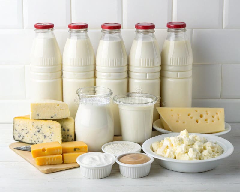 Image of Dairy Products Such As Cheese, Butter, Yogurt, Fresh Milk on a ...