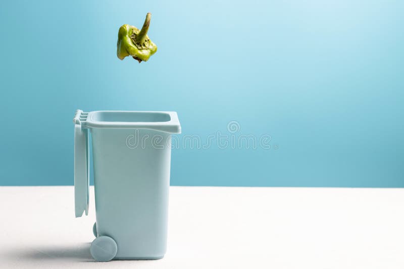 Food Waste Falling in a Trash Can on Blue and White Background, Copy ...