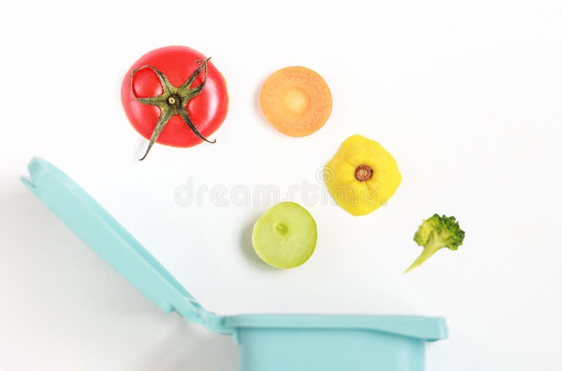 Trash Can with Food Waste Inside on Blue Background Top View, Concept ...
