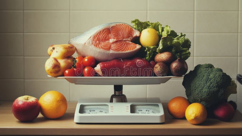 Food on a Weight Scale.Generative AI Illustration Stock Illustration ...