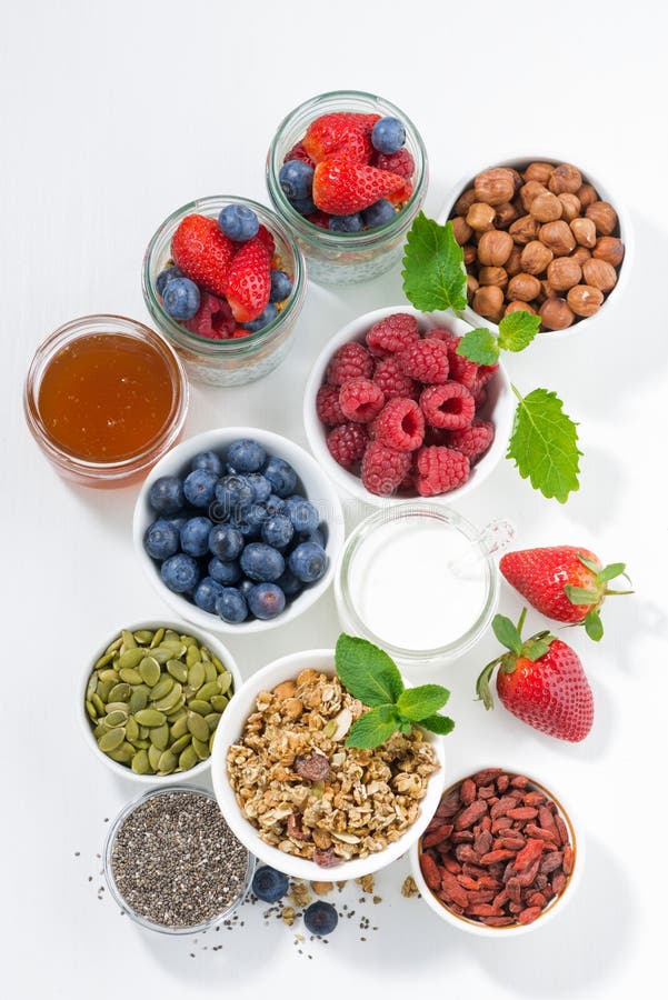 Foods for Healthy Nutrition and Breakfast on White Table Stock Image ...