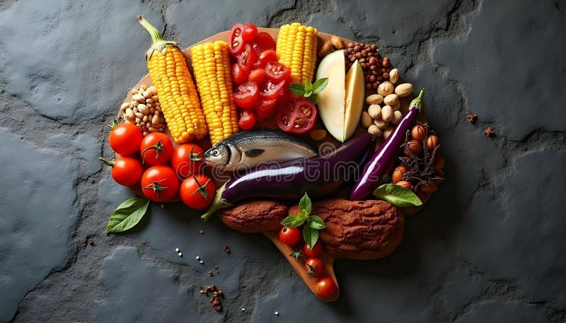 A Brain-shaped Arrangement of Various Foods Stock Illustration ...