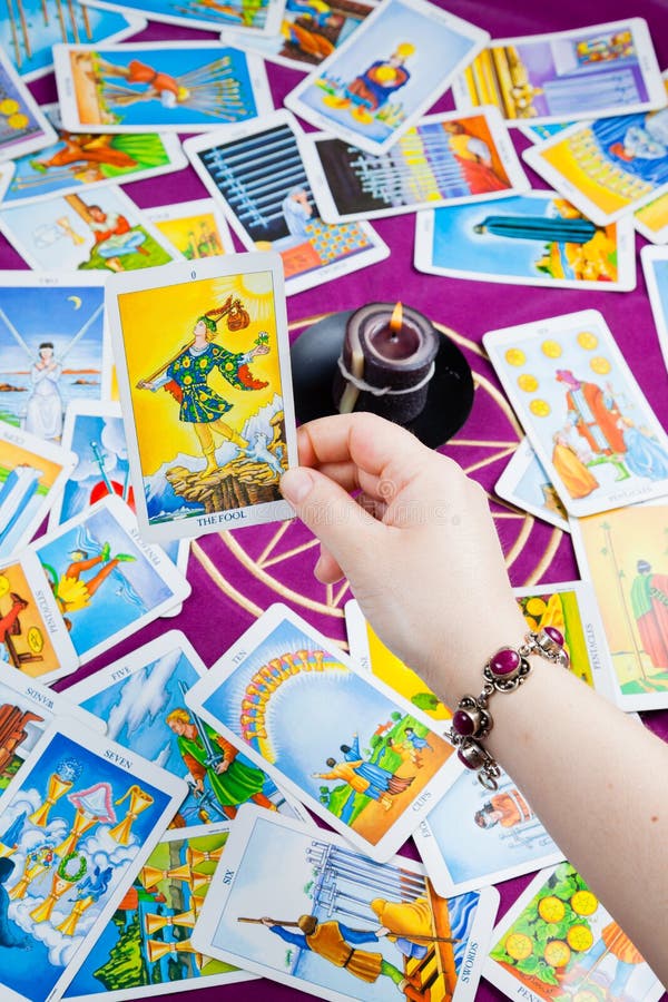 The Lovers, Tarot Cards On A Table Purple. Stock Image - Image of ...