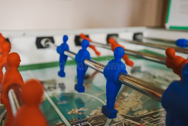 Foosball Table Soccer Close Up of Red and Blue Characters Stock Image ...