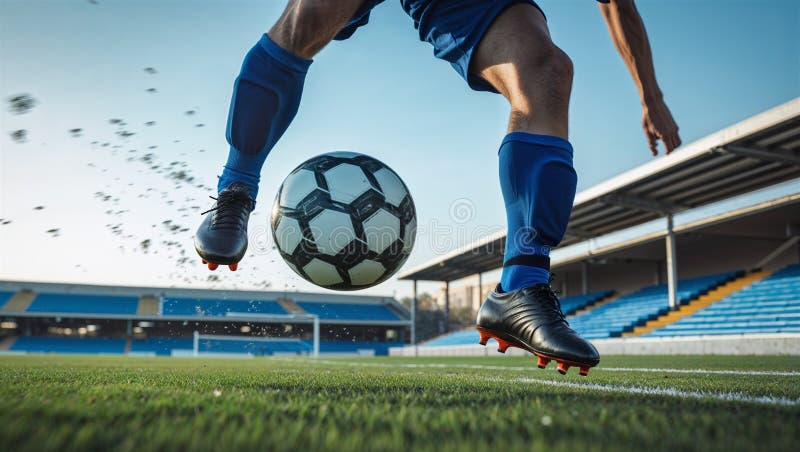 Foot Bouncing Soccer Ball with Flick, Stadium Grass and Benches in ...