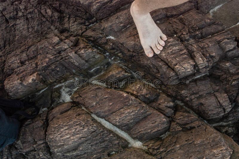 Foot of a Human Being on the Dark Rocks of a Beach Stock Image - Image ...