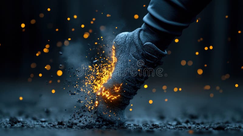 A Foot in Motion Creating Sparks and Particles in a Dynamic Scene Stock ...