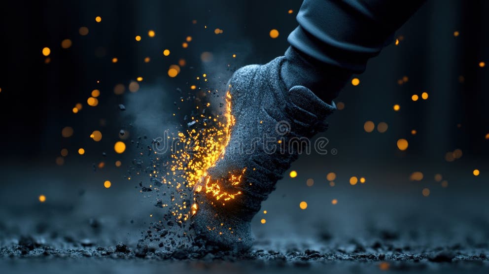 A Foot in Motion Creating Sparks and Particles in a Dynamic Scene Stock ...