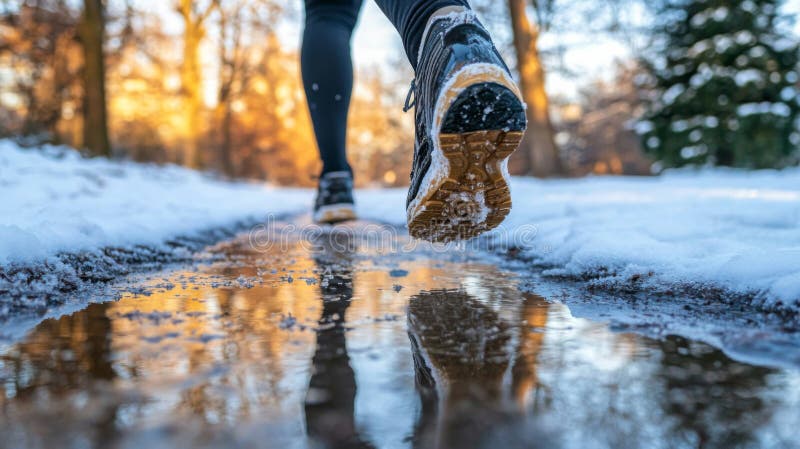 Foot Stepping in a Puddle of Melted Snow in a Snowy Forest Stock ...