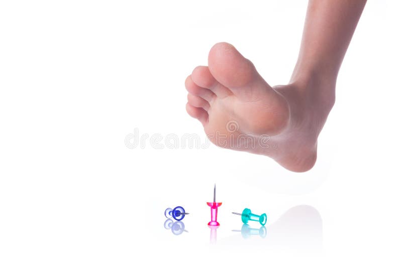 Foot about To Step on Sharp Push Pins Stock Photo - Image of supply ...
