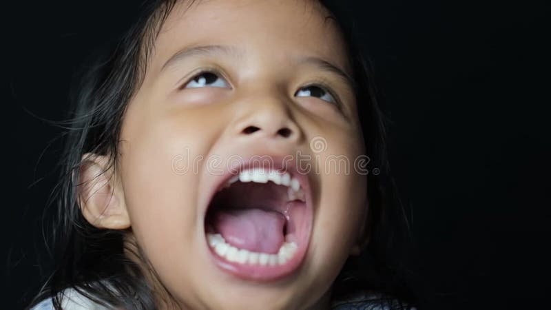 Wide Open Giant Female Mouth Eating Cherry Over Blue Background Stop Motion Animation Stock