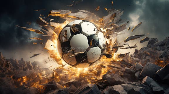 A Football Ball Exploding in Rocks Stock Illustration - Illustration of ...