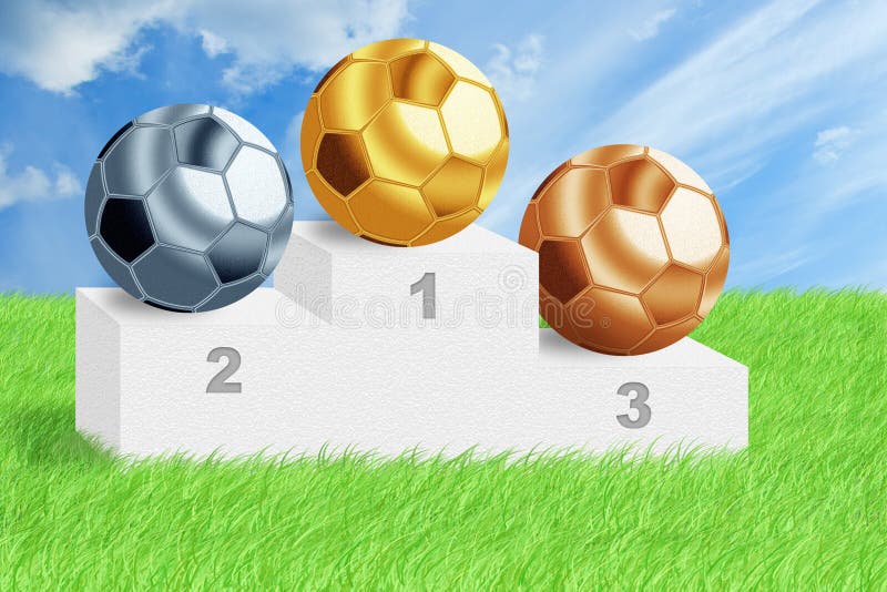 Football Balls on Podium among Green Grass. Stock Illustration ...
