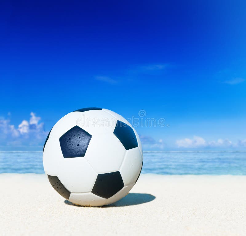 Football on the Beach with Blue Sky Stock Image - Image of horizon ...