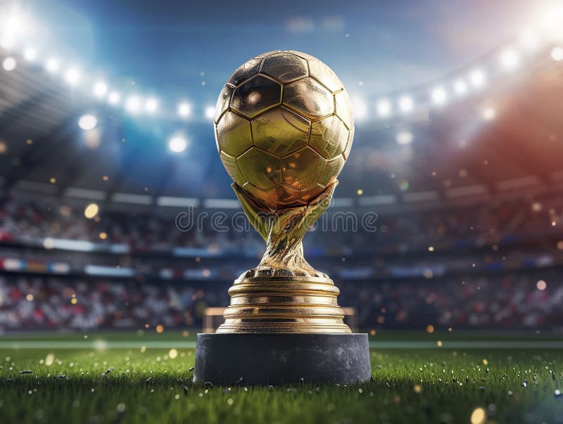 A Football Cup Stands on the Field at a Large Football Stadium Stock ...