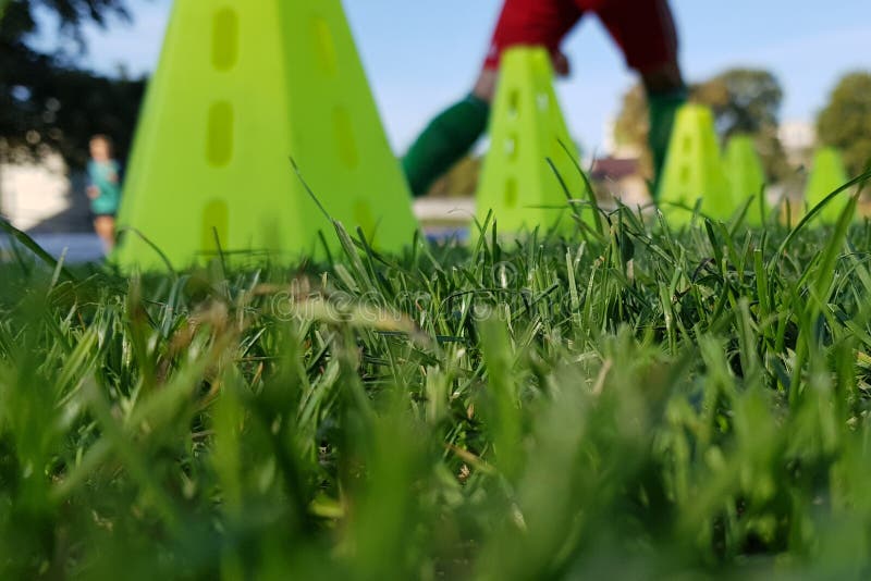 Football Equipment Football Field Training View from Below Stock Photo ...
