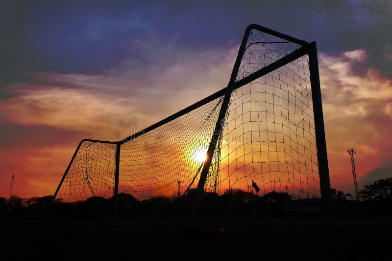 Behind the Goal Football on the Field with Sunlight Stock Image - Image ...