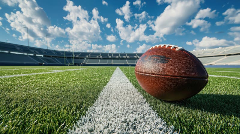 Football on Field in Stadium Under Blue Sky with Clouds Stock Photo ...