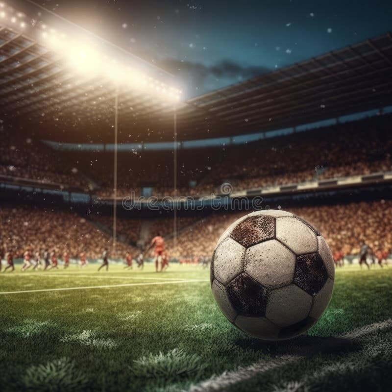 Football in Focus with Diffuse Background of Players and a Stadium ...