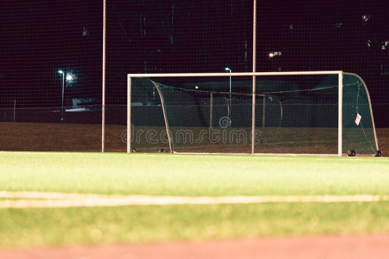 Football Gate on the Pitch with Artificial Turf at Night Stock Photo ...