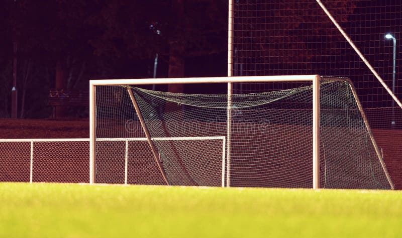 Football Gate on the Pitch with Artificial Turf at Night Stock Photo ...