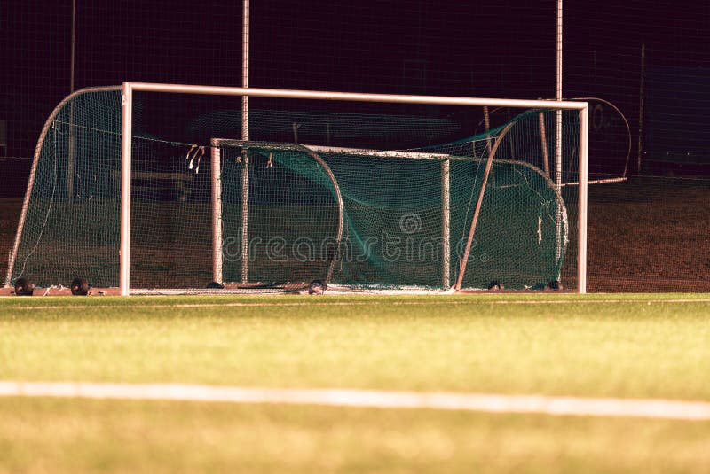 Football Gate on the Pitch with Artificial Turf at Night Stock Photo ...