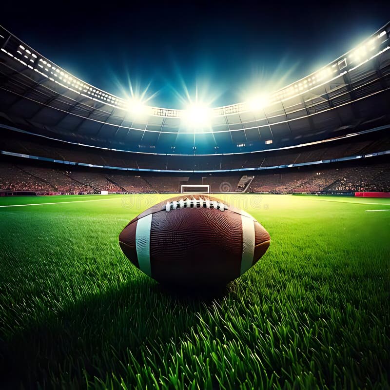 A Football on the Green Grass Field of a Bright Stadium Stock Image ...