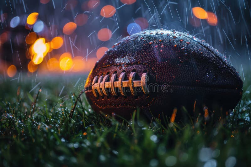 A Football is on the Ground in a Field with Rain and Lightning Stock ...