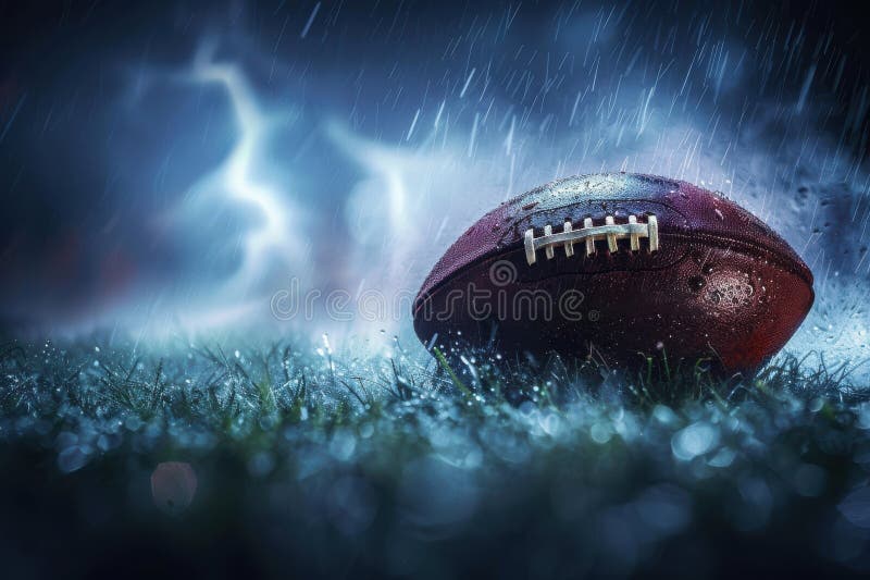 A Football is on the Ground in a Field with Rain and Lightning Stock ...