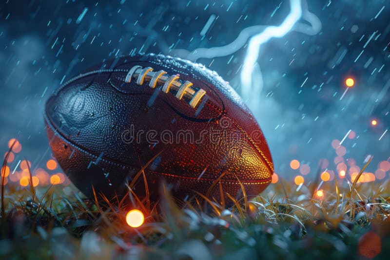 A Football is on the Ground in a Field with Rain and Lightning Stock ...